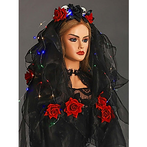 Unsutuo Led Day of the Dead Headband Veil Ligth Up Halloween Costume Headwear Gothic Skull Rose Headpiece Hair Accessories for Women