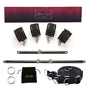 EXREIZST 2 Black Spreader Bar and 4 Brown Fur Leather Straps with Nylon Belts Expandable Adjustable Exercise Sports Training Set