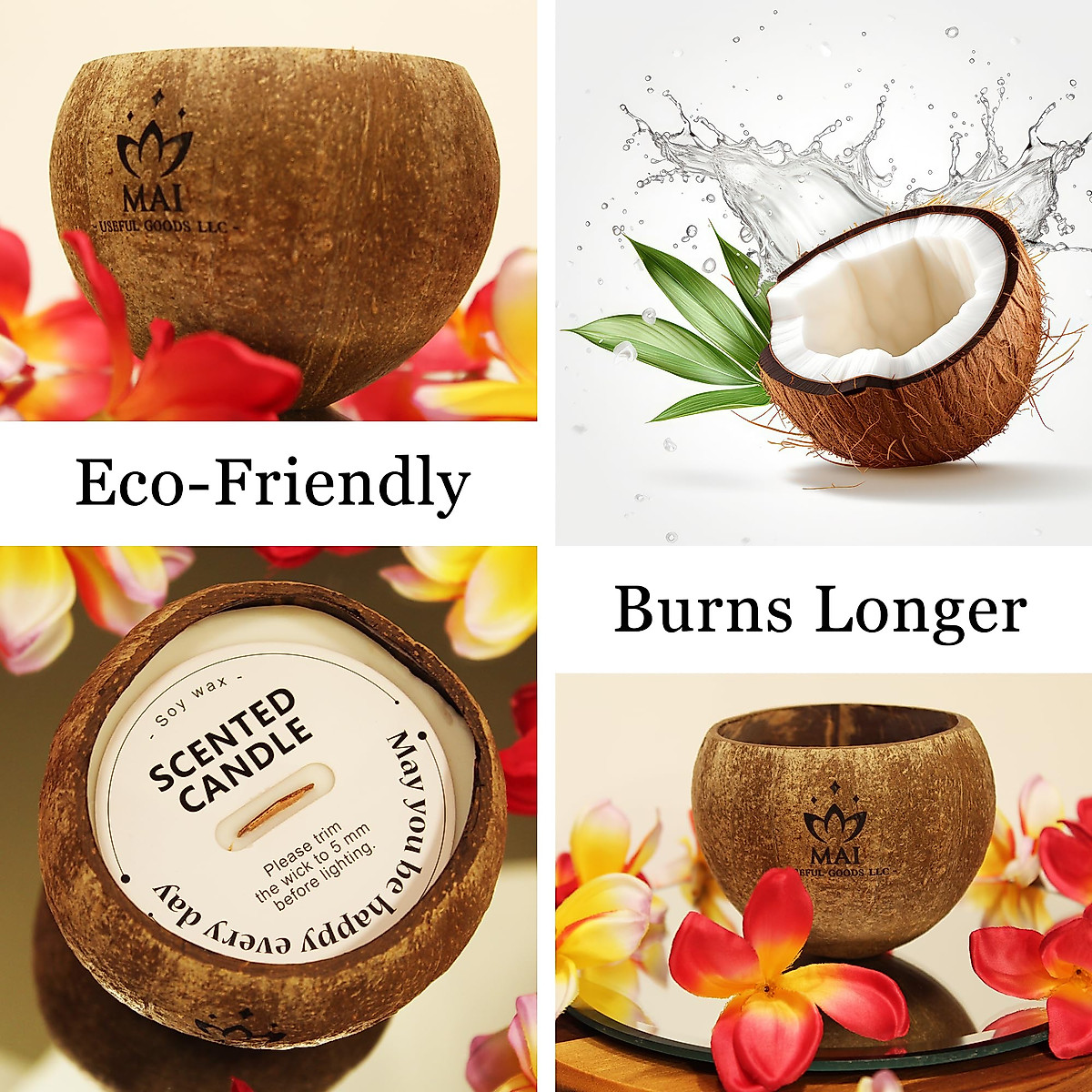 Tropical Coconut Candle with Wooden Wick - Coconut Scented Coconut Shell Candle Made with Real Hollow Coconut Shells - Great Beach Scented Candle Coconut and Relaxing Bath Decor (Coconut Scent)