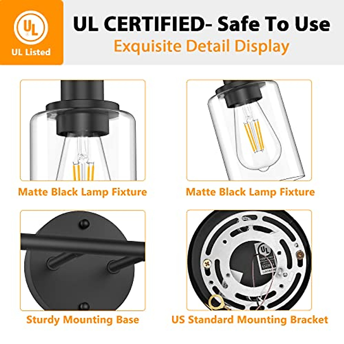 Licperron 2-Light Bathroom Vanity Light Fixtures, Modern Black Bathroom Vanity Lights Over Mirror with Clear Glass Shade, Industrial Wall Mounted Sconces Lighting for Bedroom Hallway