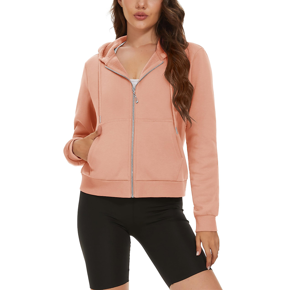 MAGCOMSEN Zip Up Hoodie Women Cropped Sweatshirt Fleece Lined Jacket Athletic Apricot L