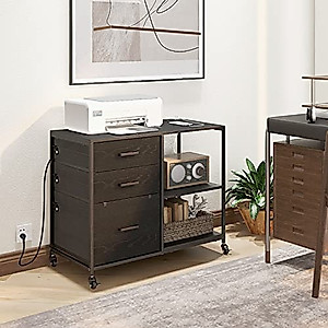 VEDECASA Black Lateral File Cabinet with 3 Fabric Drawer fits A4 Letter Size Open Storage Shelf Socket and Power Outlets USB Charging Port Mobile Printer Stand for Home Office