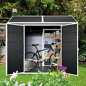 Ball & Cast 4x8 FT Resin Outdoor Storage Shed,Waterproof Garden Organizer Tool House with Floor & Two Windows,Backyard Cabinet w/Lockable Door and Ventilation,Shelter for Car,Bike,Lawnmower,Black