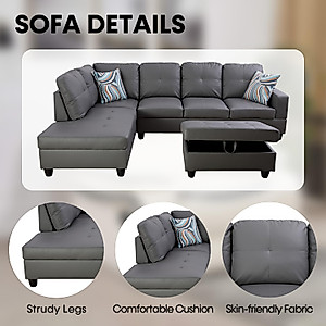 Caberryne Sectional Couch for Living Room Furniture Set Dack Grey,Sectional Sofa Set L Shape Sofa and Chaise with Storage Ottoman for Living Room/Apartment（Dack Grey,Facing Left Chaise）