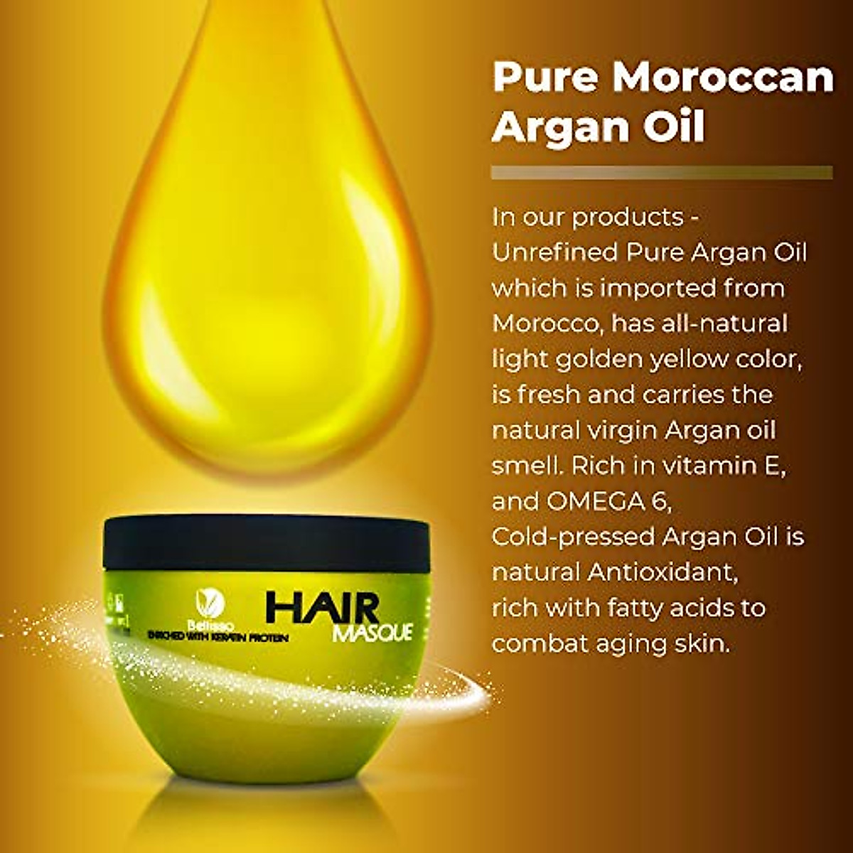 Bellisso Moroccan Argan Oil Hair Mask Deep Conditioner Sulfate Free for Dry or Damaged Hair with Organic Jojoba Kernel Oil Aloe Vera Collagen and Keratin