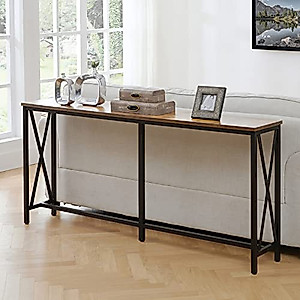 SUPERJARE 70.9 Inch Console Table, Extra Long Entryway Table with Metal Frame and X-Shaped Design, Narrow Sofa Table for Living Room and Hallway - Rustic Brown