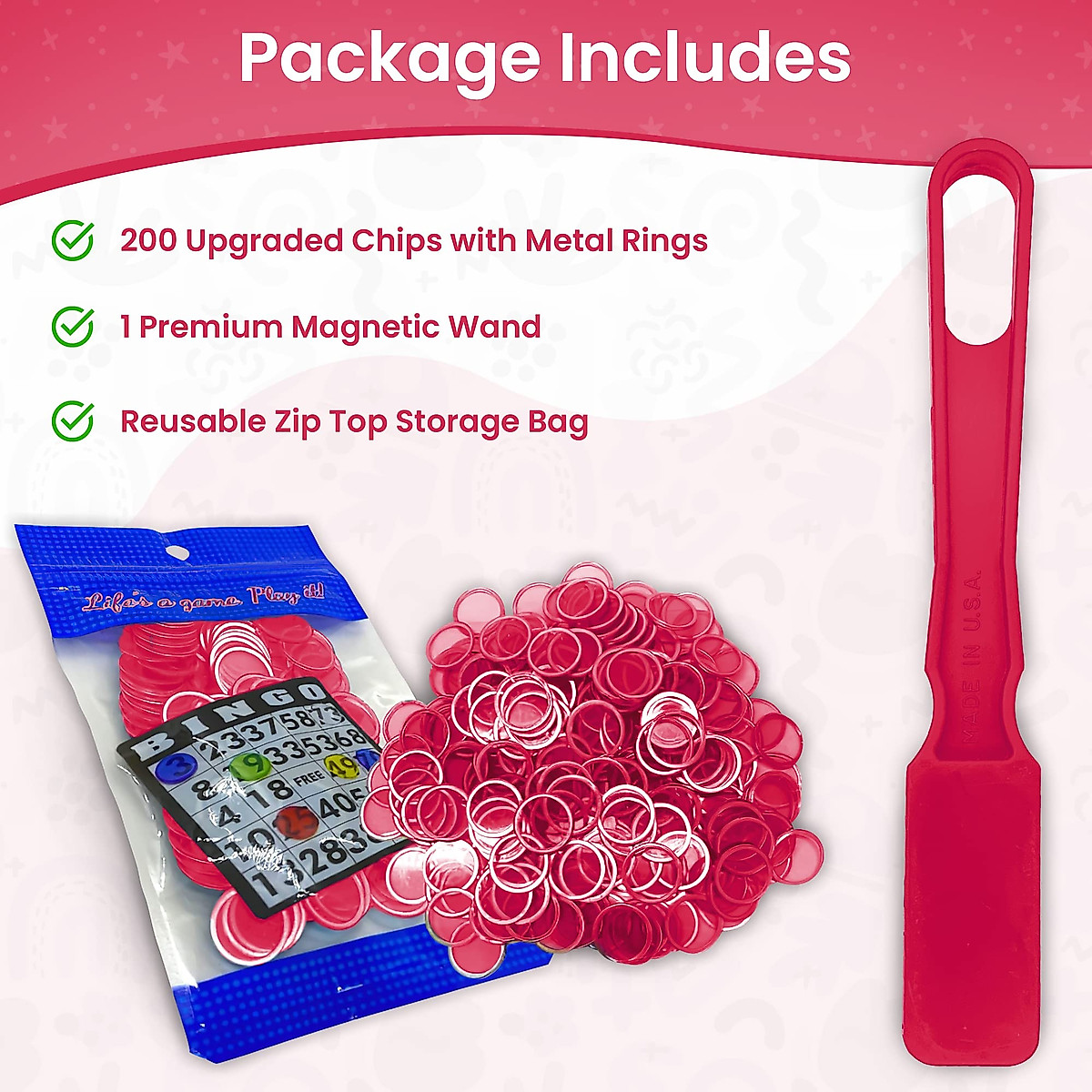 MR CHIPS Made in USA Upgraded Bingo Magnetic Wand & 200 Pieces ¾ Inch Pink Plastic Chips with Metal Rings - Support American Job