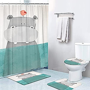 LOKMU 4 Pcs Shower Curtain Sets with Non-Slip Rugs, Toilet Lid Cover and Bath Mat,Blue Nursery Hippo in Water Gray Cute Bird Waterproof Shower Curtain with 12 Hooks, Bathroom Decor Sets, 72" x 72"