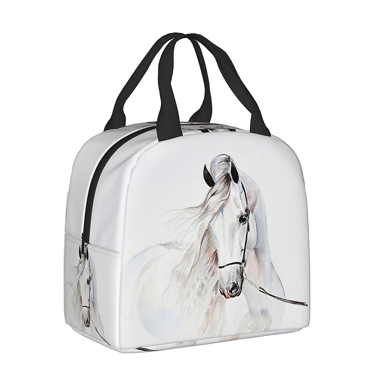 PrelerDIY Watercolor White Horse Lunch Box - Insulated Lunch Bags for Kids Boys Girls Reusable Lunch Tote Bags, Perfect for School/Camping/Hiking/Picnic/Beach/Travel