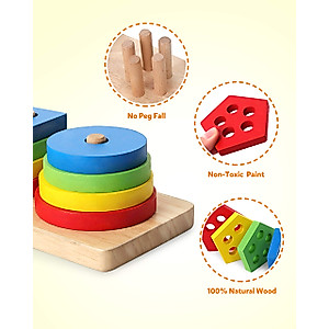 Coogam Wooden Sorting Stacking Montessori Toys, Shape Color Recognition Blocks Matching Puzzle Stacker Geometric Board Early Educational Puzzles for Years Old Boys and Girls
