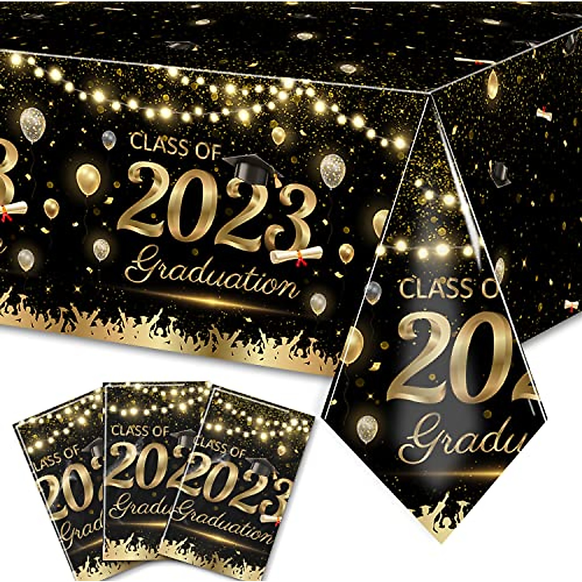 HAKOTI Graduation Party Decoration Black Gold Graduation Tablecloth Disposable Rectangular Table Cover for 2023 Graduation Decoration,Dinner Decoration,2023 Graduation Party Supplies (Black and Gold)
