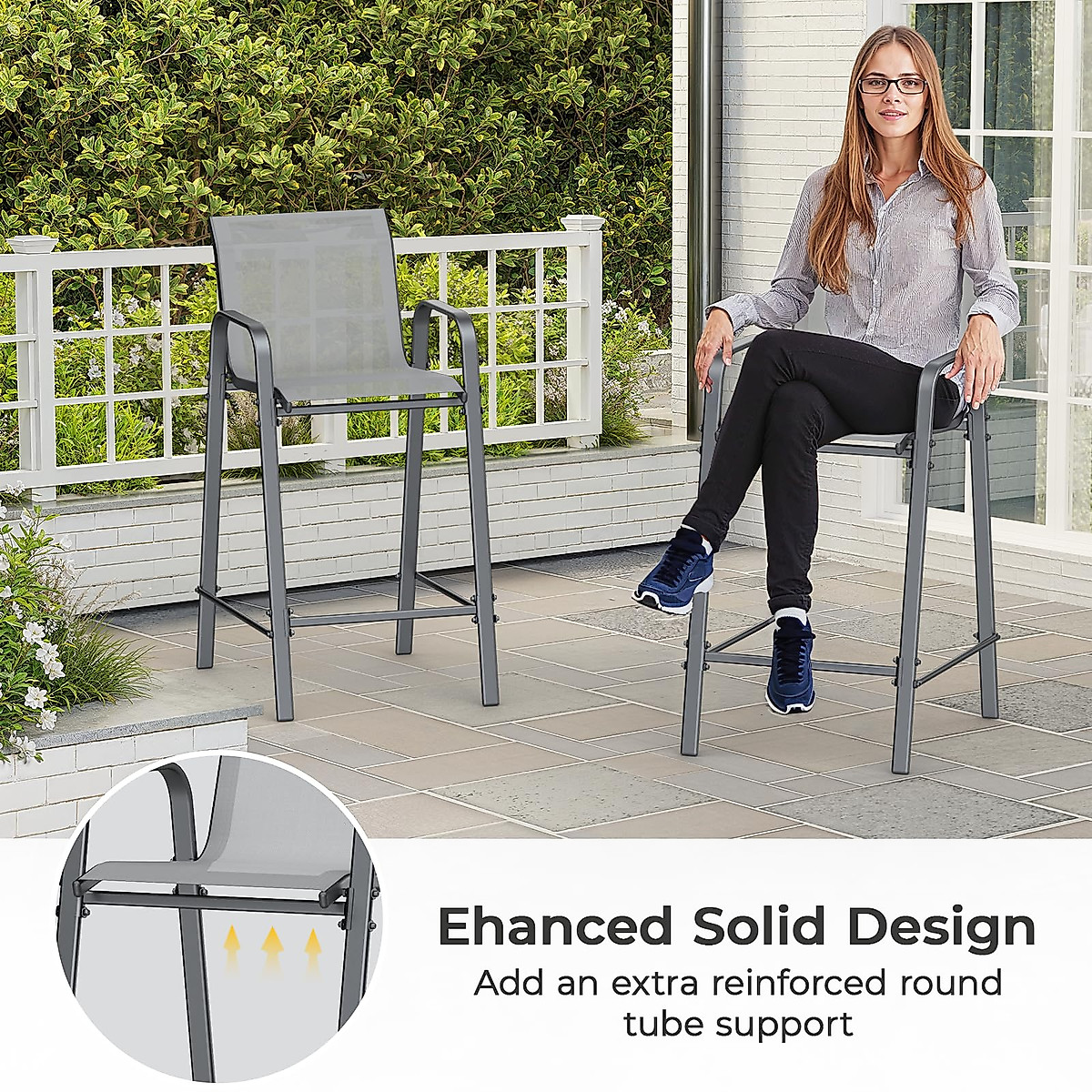 LuxaDomus Outdoor Bar Stool Set of 4, Bar Height Outdoor Chairs Metal Patio Bar Chairs with High Back and Armrest, All Weather Textilene Tall Outdoor Bar Height Chairs for Balcony, Porch