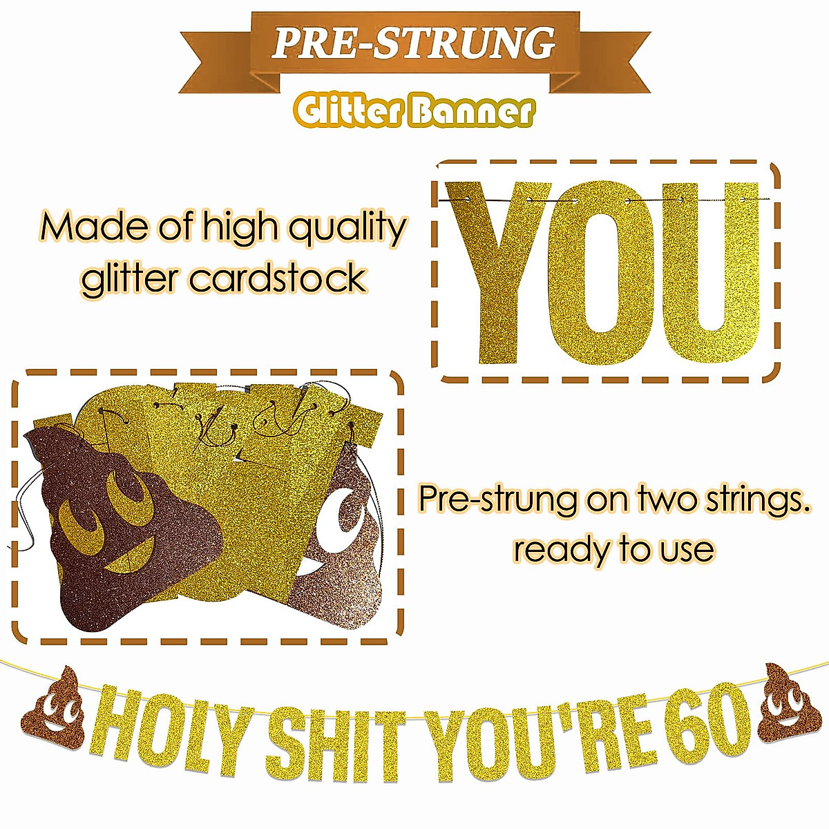 Gold Glitter Holy Shit You're 60 Birthday Banner Party Decoration,Happy 60th Birthday/Cheers to 60 Years, Funny 60th Birthday Party Decorations Supplies (Gold 60th)