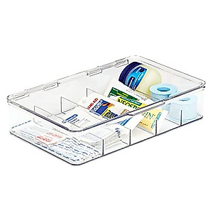mDesign Plastic Divided First Aid Storage Box Kit with Hinge Lid for Bathroom, Cabinet, Closet - Organize Medicine, Ointments, Adhesive Bandages - 5 Sections, Ligne Collection, Clear