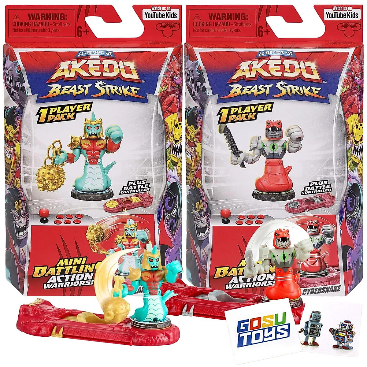 Akedo Beast Strike Ultimate Arcade Warriors Mini Battling Action Figures with Battle Controller - 2 Pack (Assorted) with 2 Gosutoys Stickers