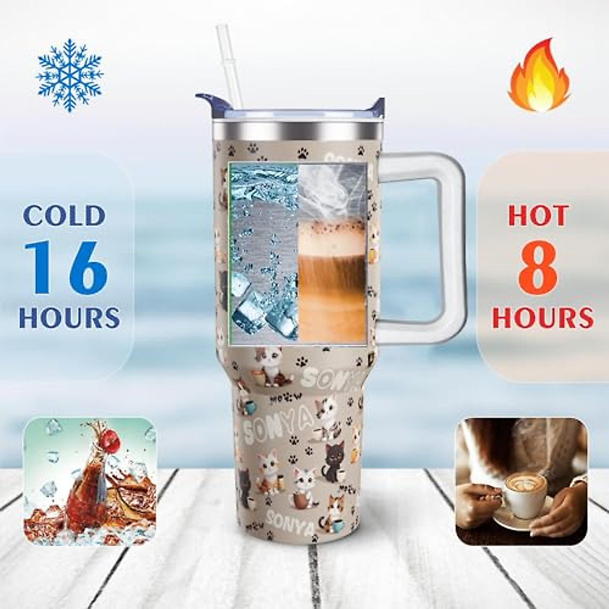 Mindunm 40 oz Cute Cat Tumbler with Handle and Straw Lid cat gifts for cat lovers for Women Double Insulated Cup Travel Coffee Mug