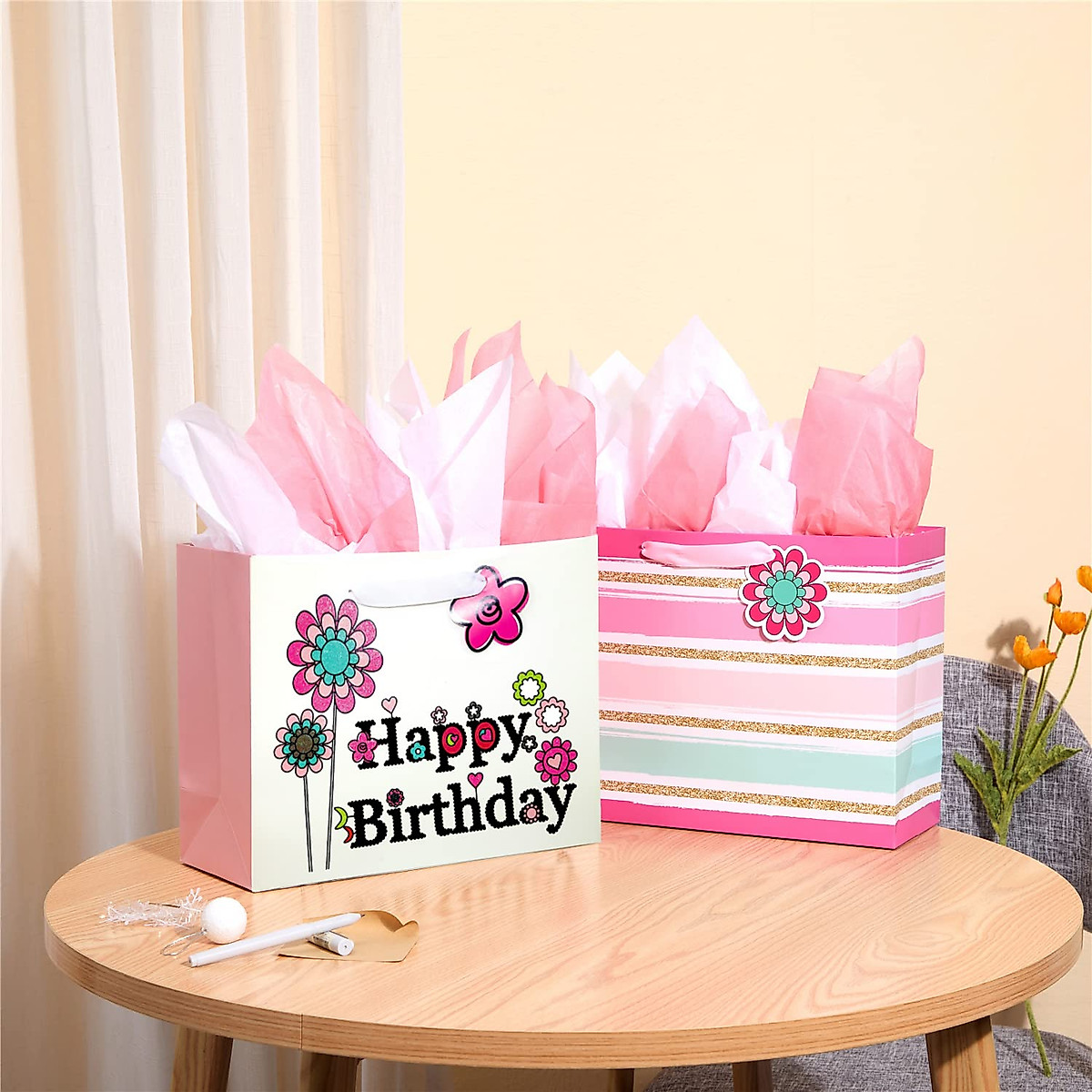 SUNCOLOR 13" Large Gift Bags for Birthday Party with Tissue Paper(2 Pack, Flower with Happy Birthday)