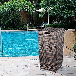 HomVent 26.7 Gallon Hideaway Can, Outdoor Wicker Patio Trash Can Rattan Patio Waste Basket with Lid, Brown Wicker Recycling Basket Patio Trash Can for Backyard, Deck, Poolside