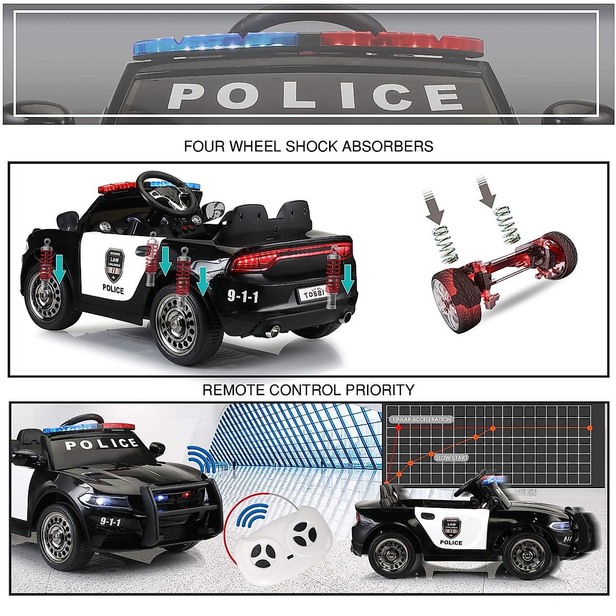 TOBBI 12V Kids Police Car Ride on with Remote Control, Battery Powered Vehicle Electric Car for Kids w/Siren Flashing Light, Megaphone, Car Keys, USB, Music, Spring Suspension, Pull Rod, Black