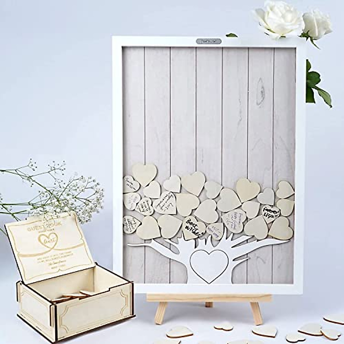Wedding Guest Book Alternative Heart Drop Box, 16" * 12" White Wooden Rustic Display Shadow Picture Frame for Reception, Farmhouse Decoration Sign In Dropbox for Anniversary Baby Shower Birthday Party