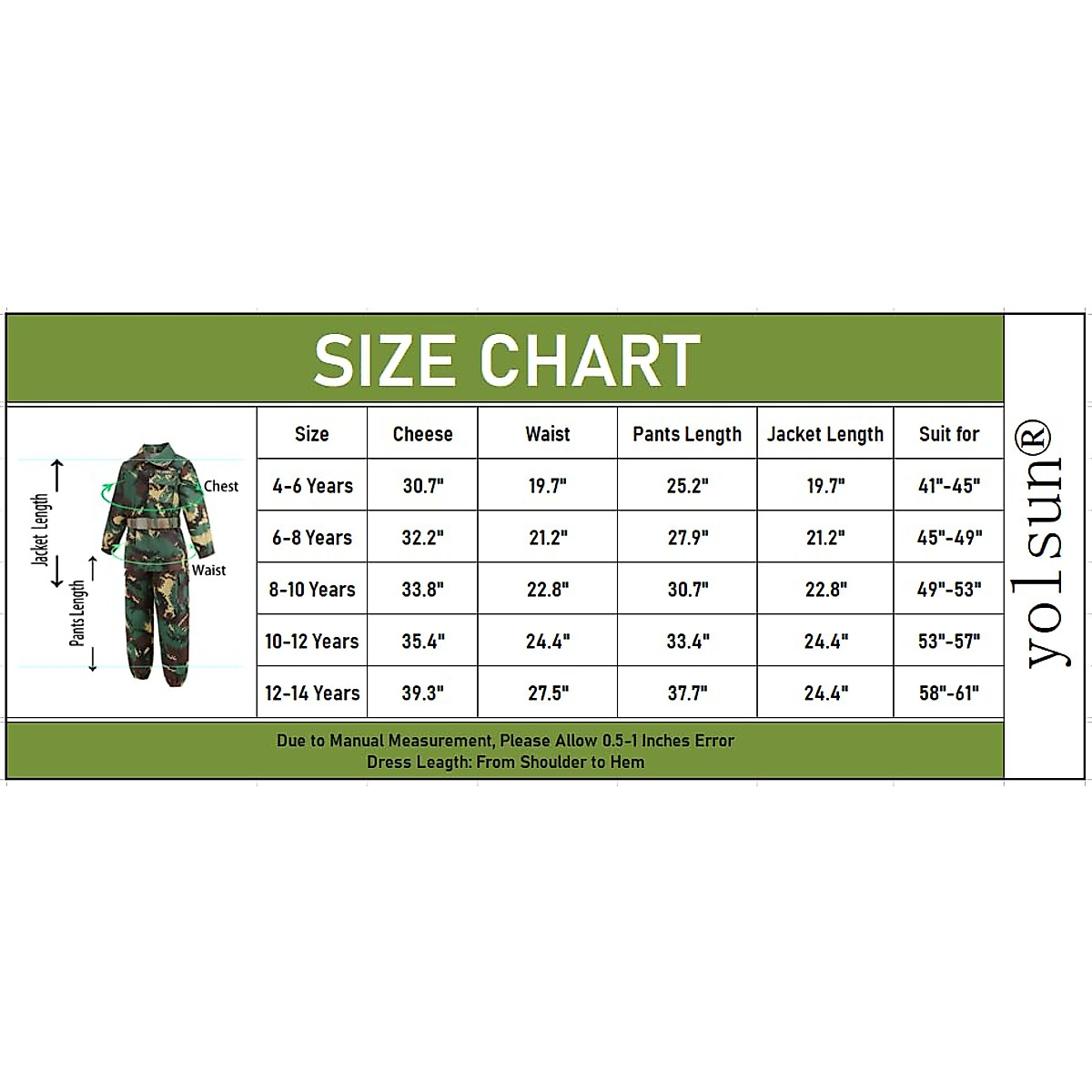 yolsun Deluxe Kid's Camo Combat Soldier Army Costume (10-12 Years, Dark green color)