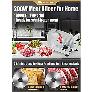 Meat Slicer, Anescra 200W Electric Deli Food Slicer with Two Removable 7.5’’ Stainless Steel Blades and Food Carriage, 0-15mm Adjustable Thickness Meat Slicer for Home, Food Slicer Machine- Silver