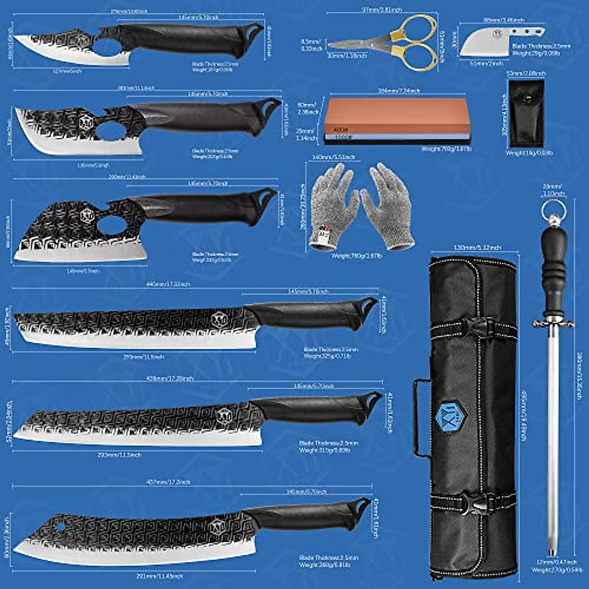 XYJ Authentic Since 1986,6pcs Cooking Slice Knives Set,Camping Chef Knife With Sheath Holder,Honing Steel,Whetstone,Cake Knife,Roll Bag Kitchen Vegetable Knives,Full Tang,High Carbon Steel (Black)