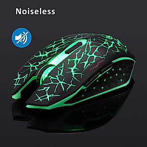 TENMOS K6 Wireless Gaming Mouse, Rechargeable Silent LED Optical Computer Mice with USB Receiver, 3 Adjustable DPI level and 6 Buttons, Auto Sleeping Compatible Laptop/PC/Notebook (green light)