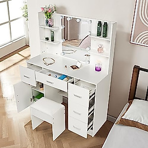 Dradaomull Large Makeup Vanity Desk with Lights, 3 Lighting Colors, 42.9''L Vanity Set Makeup Table with 5 Drawers, 6 Open Storage Shelves and cabinets for Women Girls Bedroom White