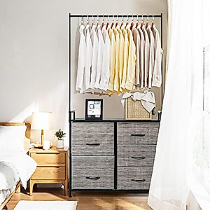 Tangkula Fabric Drawer Dresser w/Clothes Rack, Storage Organizer with Metal Frame and Wooden Top, Closet Organizers and 5 Storage Drawers for Clothes, Toys, for Hallway, Bedroom (Gray)