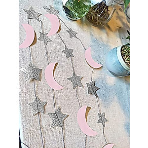Moon and Star Garland Twinkle Twinkle Little Star of 2pcs Pink Silver Princess Birthday Party Decorations Pink Silver Moon Star Baby Shower Decorations 1st Birthday Garland Love You to the Moon