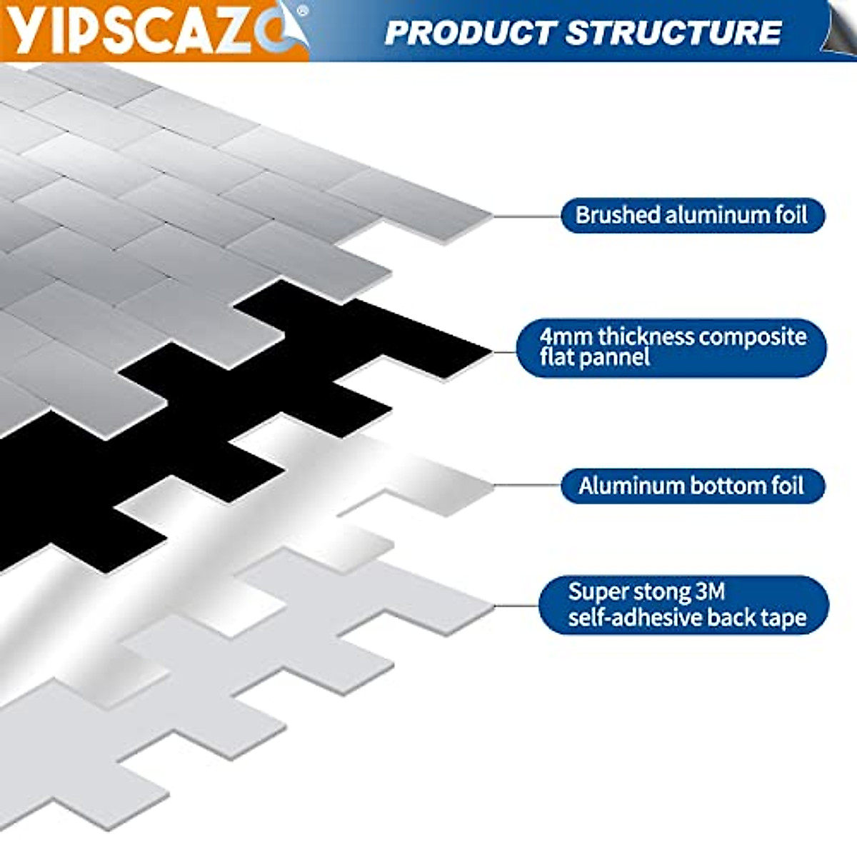 Yipscazo 5 - Sheet Peel and Stick Metal Backsplash, Stick on Tiles Stainless Steel Backsplash Peel and Stick for Kitchen, Bathroom, Fireplace (12''x12'', Silver)