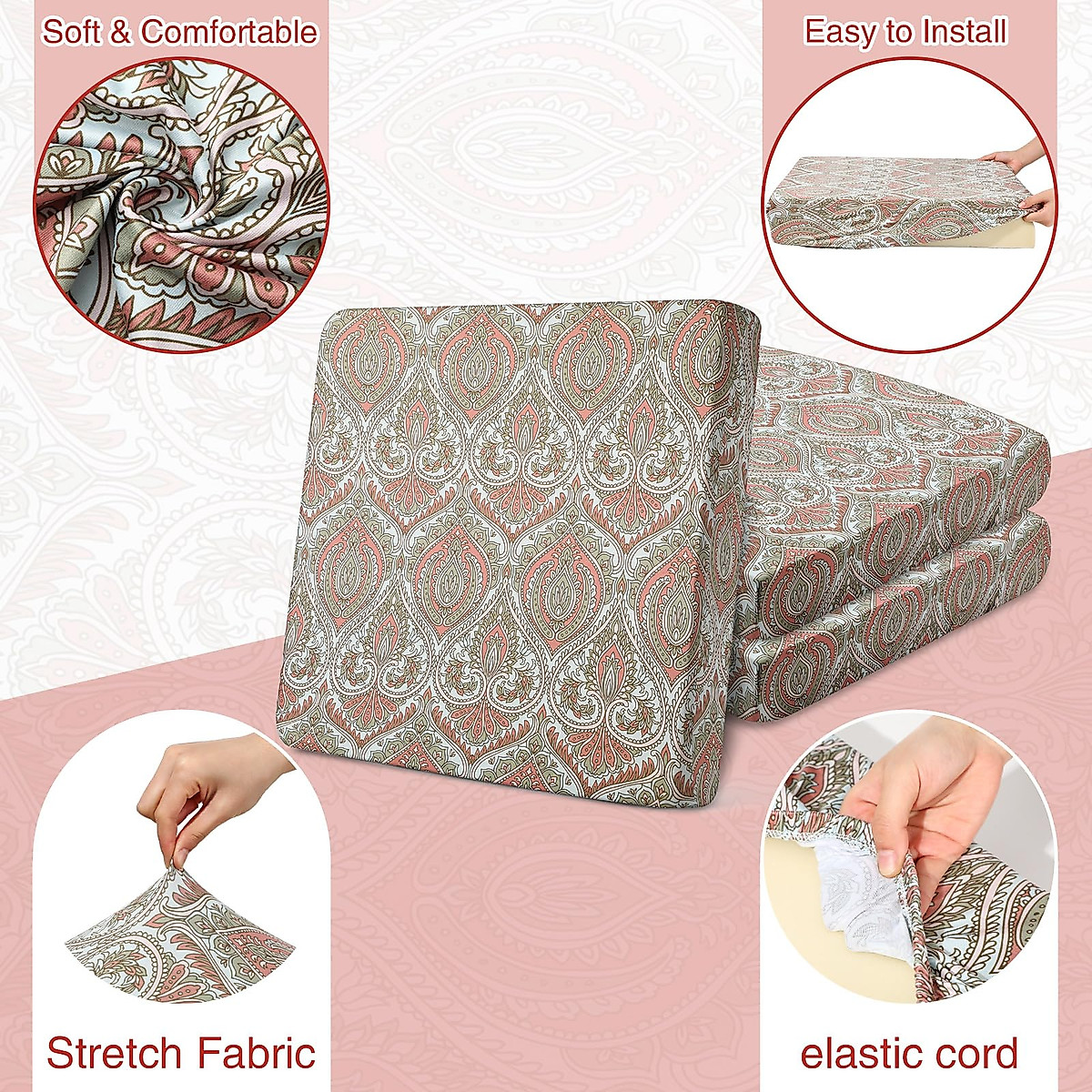 Newwiee 12 Pcs Patio Stretch Sofa Cushion Covers Outdoor Cushion Cover Replacement Couch Slipcover Sofa Seat Cover Flexibility Chair Cushion Cover Porch Patio Furniture Protector (Red,Paisley Print)