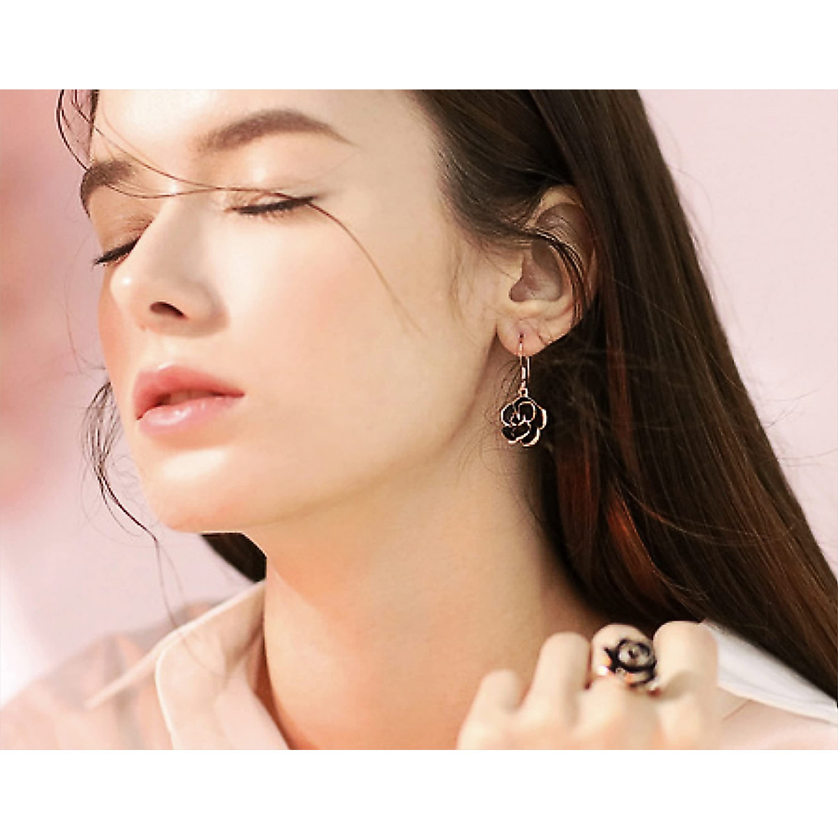 Rose Gold Plated Black Rose Flower Dangle Drop Earrings Fashion Jewelry for Women