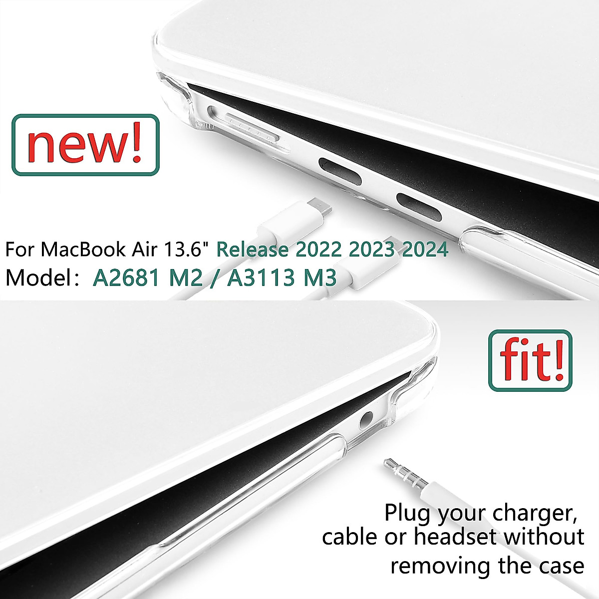 TWOLSKOO for M3 MacBook Air 13.6 Inch Case 2022 2023 2024 Release A2681 M2 A3113, Plastic Hard Shell Cover with Trackpad Film & Keyboard Cover & Screen Film for MacBook Air 13.6", Crystal Clear