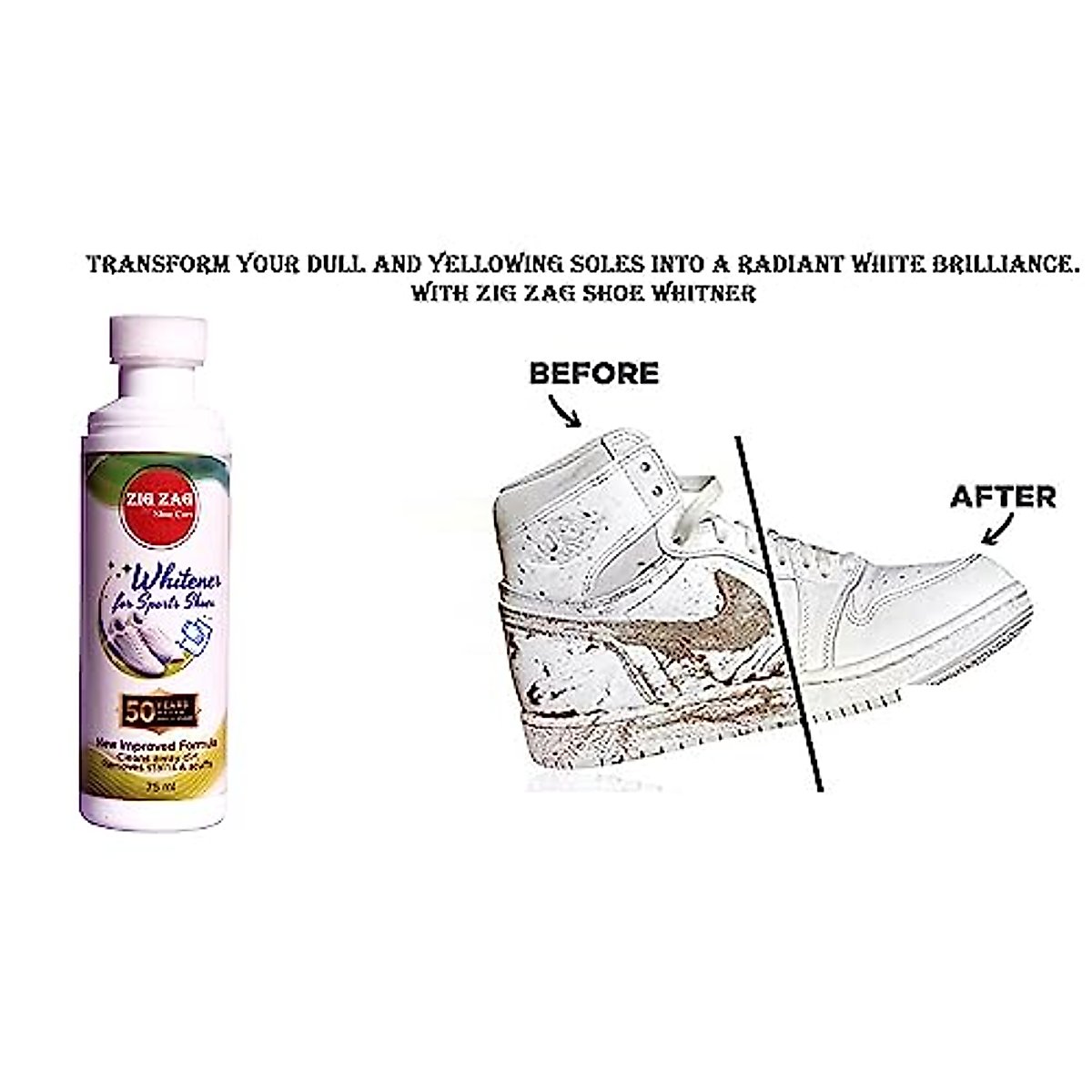 ZIG ZAG Instant Shoe Whitner for Sport Shoes,Sneakers and more Includes Sponge Applicator Easy-to-use Lid Brush Whitener Pack of 3