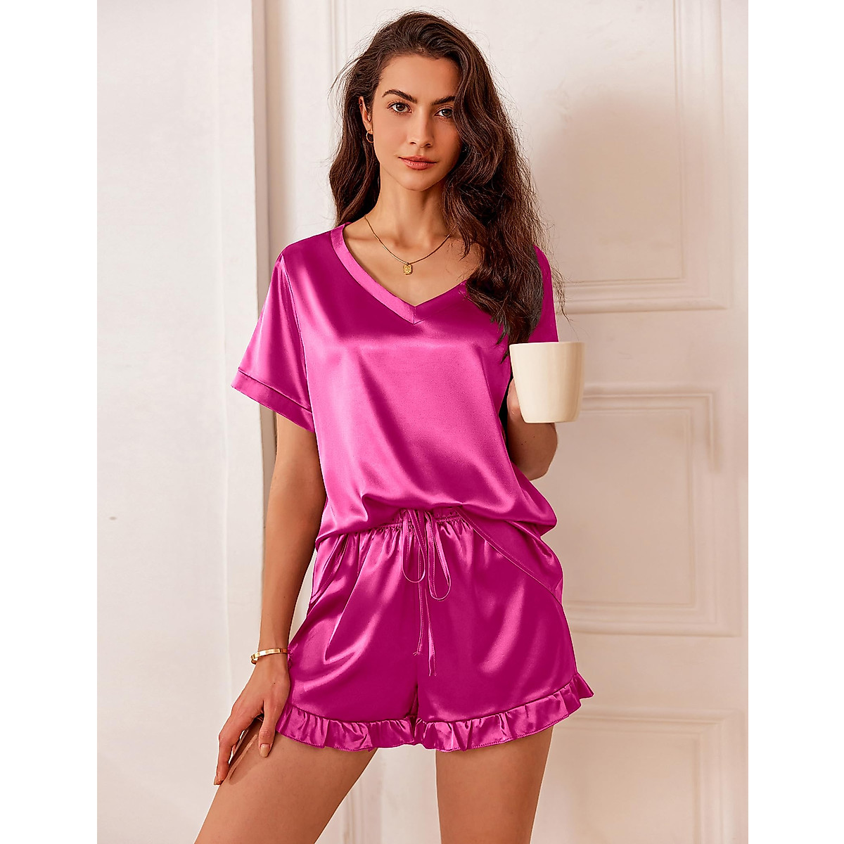 Ekouaer Satin Pajamas for Women Short Sleeve Silk Sleepwear 2 Piece Pjs Set with Ruffled Shorts Casual Loungewear Rose Red Large