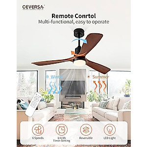 Ceversa 52 Inch Solid Wood Ceiling Fan with Light and Remote Control, 3 Blades Modern Ceiling Fan Walnut Craftmade Quiet for Living Room Bedroom Farmhouse Indoor Outdoor Balcony