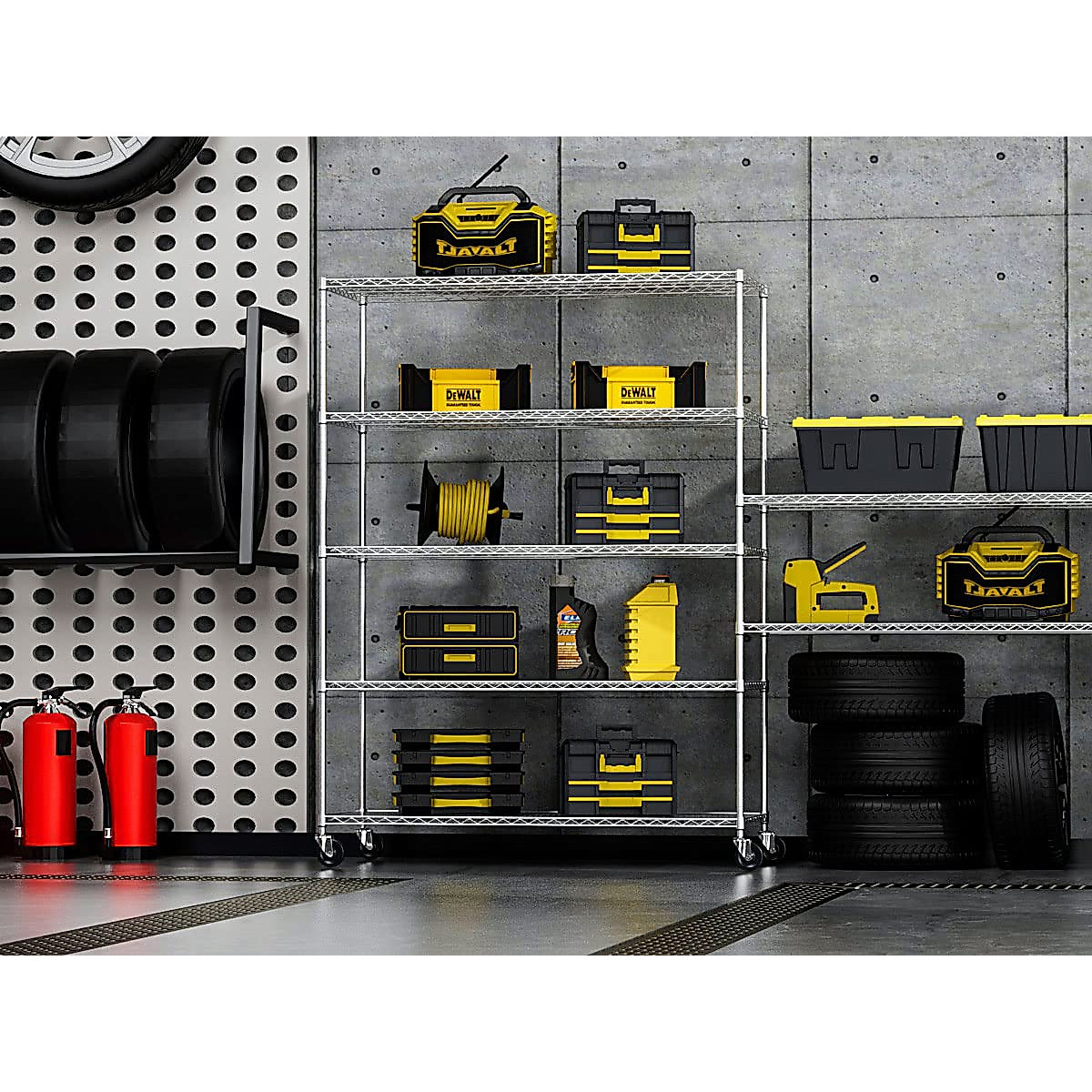 5 Tier NSF Wire Shelf Shelving Unit, 24 x 60 x 82 Inch 7500lbs Capacity Heavy Duty Adjustable Storage Metal Rack with Wheels/Leveling Feet & Shelf Liners, Ideal for Garage, Kitchen, and More - Chrome