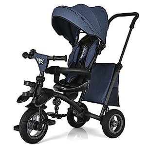 BABY JOY Toddler Tricycle, 7 in 1 Folding Steer Trike w/Rotatable Seat, Adjustable Canopy, Push Handle, Guardrail, Safety Harness, Brakes, Cup Holder & Storage, Tricycle for Toddlers Ages 1.5-5 (Blue)