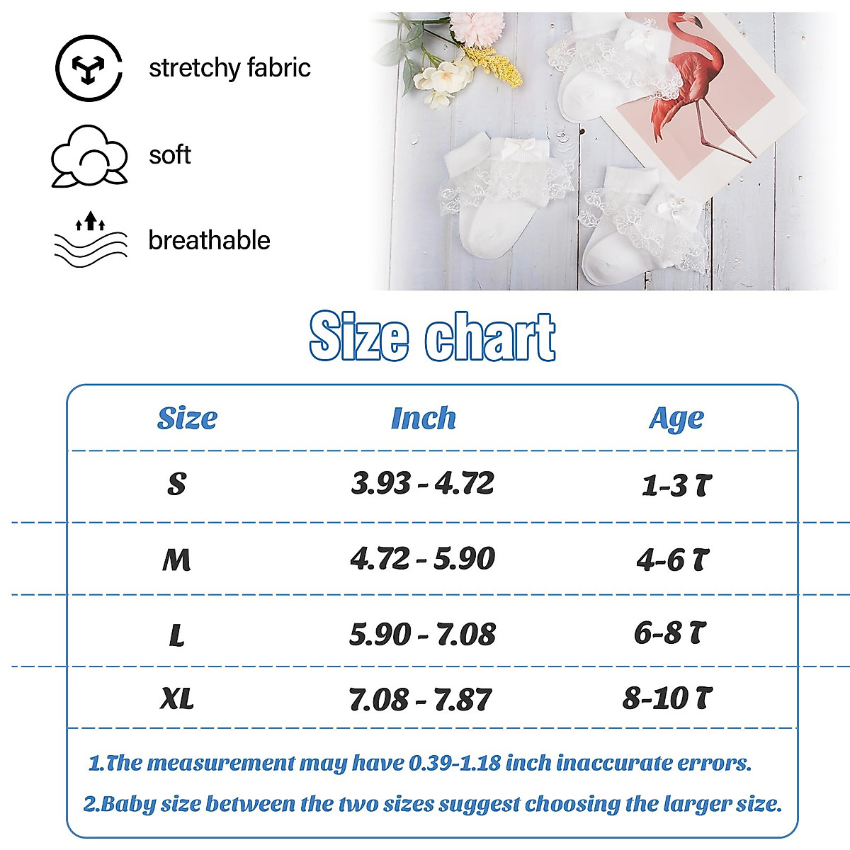 6 Pairs Toddler Baby Girls Ruffle Lace Trims Socks Princess Dress Bowknot Cotton White Ankle Soft Frily Socks Kids Child 4-6T