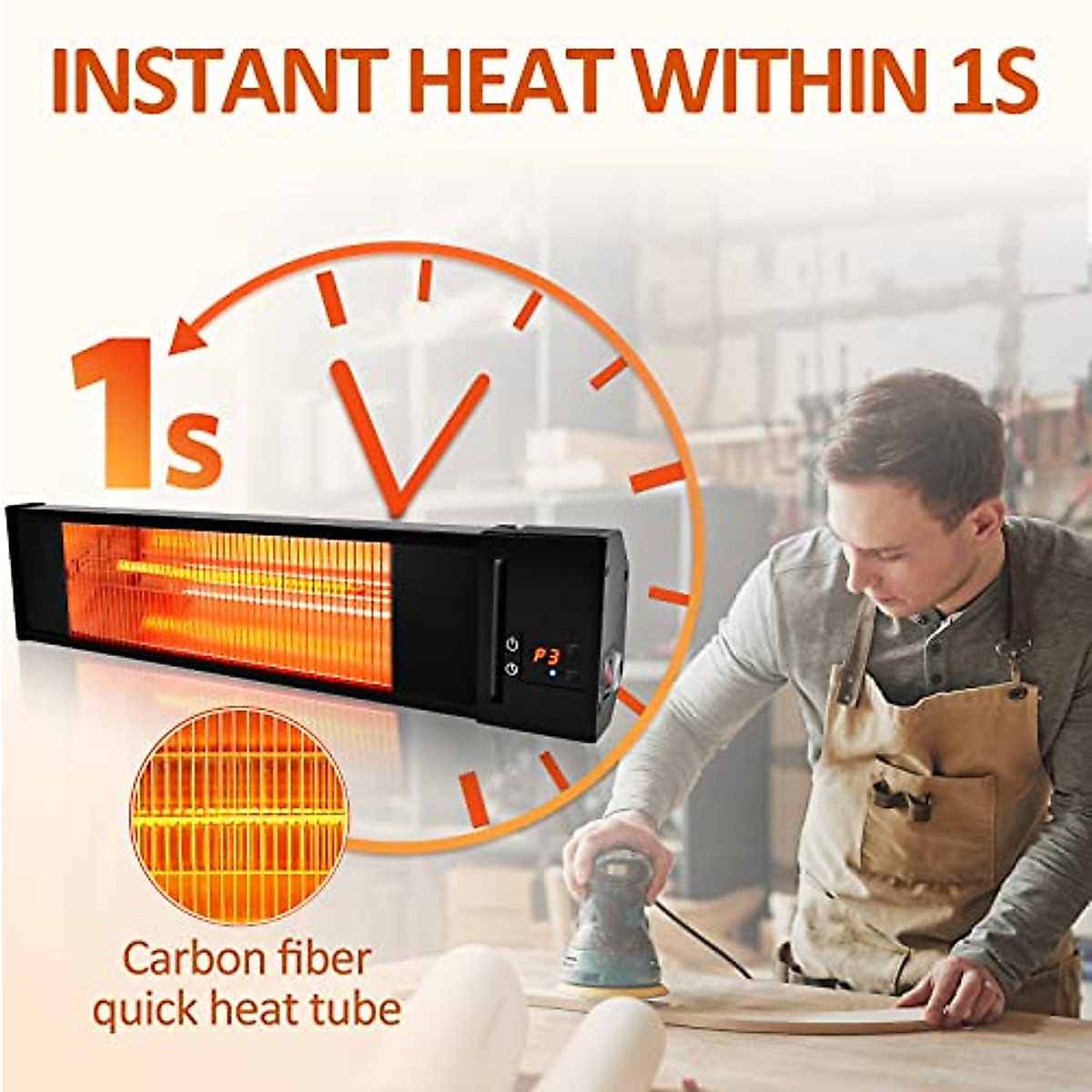 Garage Heater, TRUSTECH Patio Heater for Outdoor Use, Infrared Indoor Heater w/1s-Fast Heat & 24H Timer, Overheat Protection, Super Quite Waterproof Wall Heater for garage, Heaters for Large Room