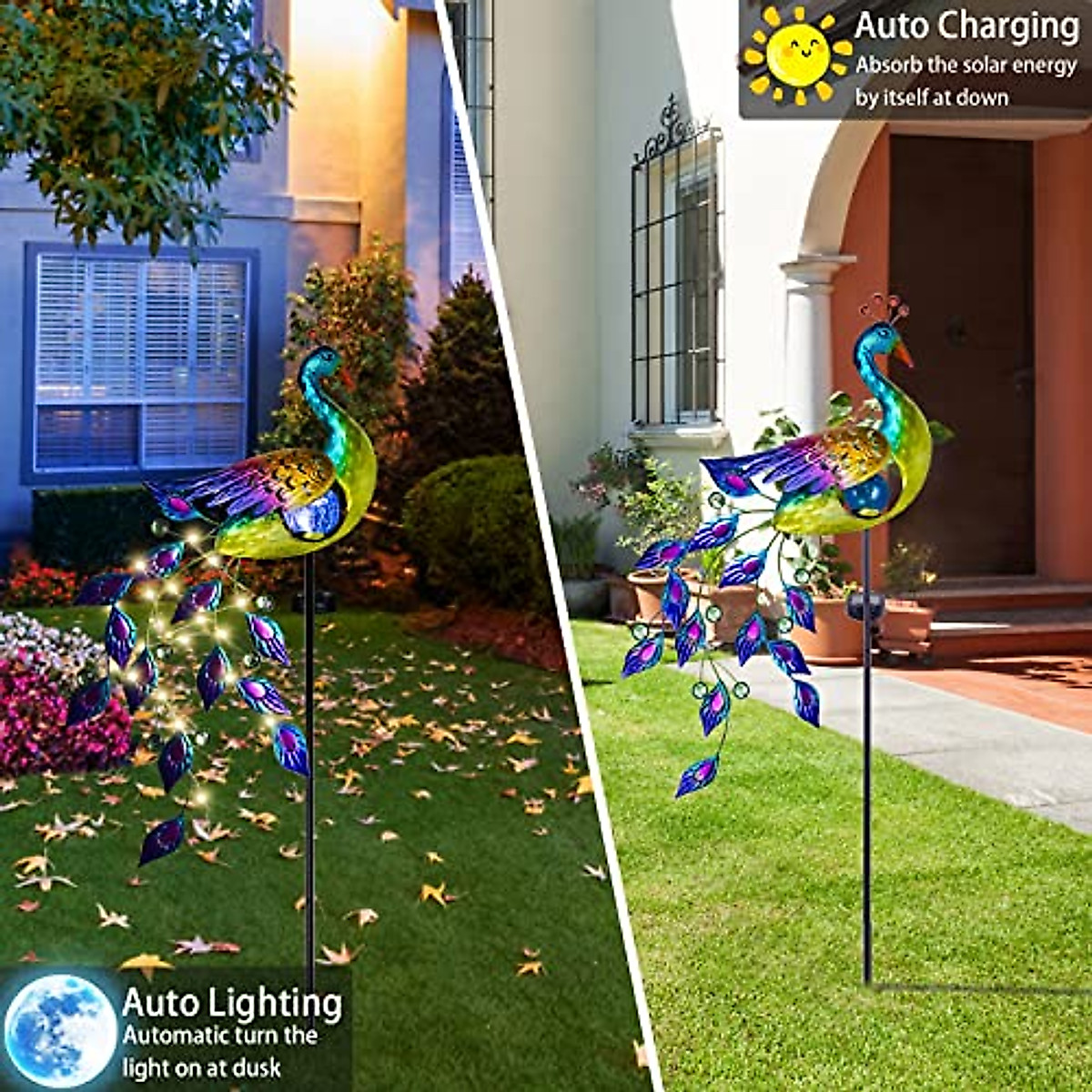 DREAMSOUL Solar Garden Lights Outdoor, Metal Peacock Decor Solar Lights Garden Stakes with Led String Lights, Waterproof Crackle Glass Ball Landscape Path Light for Lawn Patio Yard Garden Decorations