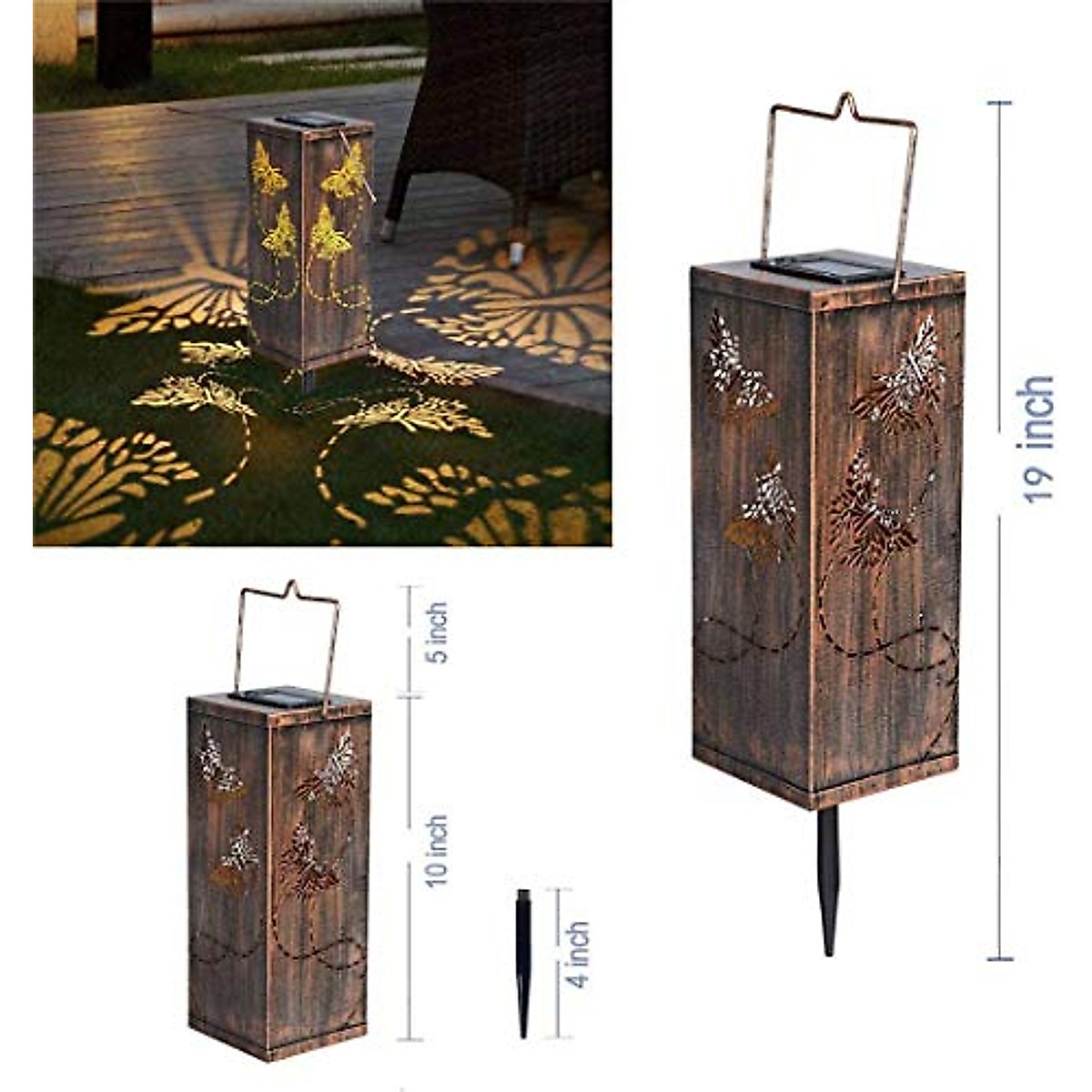 2 Pack Solar Lantern Outdoor Butterfly Garden Decor with Ground Stake, Metal Butterfly Hanging Solar Lights Waterproof Outside Decorations for Patio Lawn Yard Landscape Butterfly Gifts for Mom Women