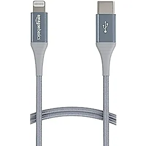 Amazon Basics USB-C to Lightning Charger Cable, Nylon Braided Cord, MFi Certified Charger for Apple iPhone 14 13 12 11 X Xs Pro, Pro Max, Plus, iPad, 10,000 Bend Lifespan, 6 Foot, Dark Gray