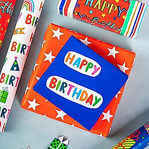 WRAPAHOLIC Reversible Birthday Wrapping Paper Roll - Mini Roll - 3 Rolls - 17 Inch X 120 Inch Per Roll - Happy Birthday Lettering and Gift Box for Kid's Birthday, Baby Shower