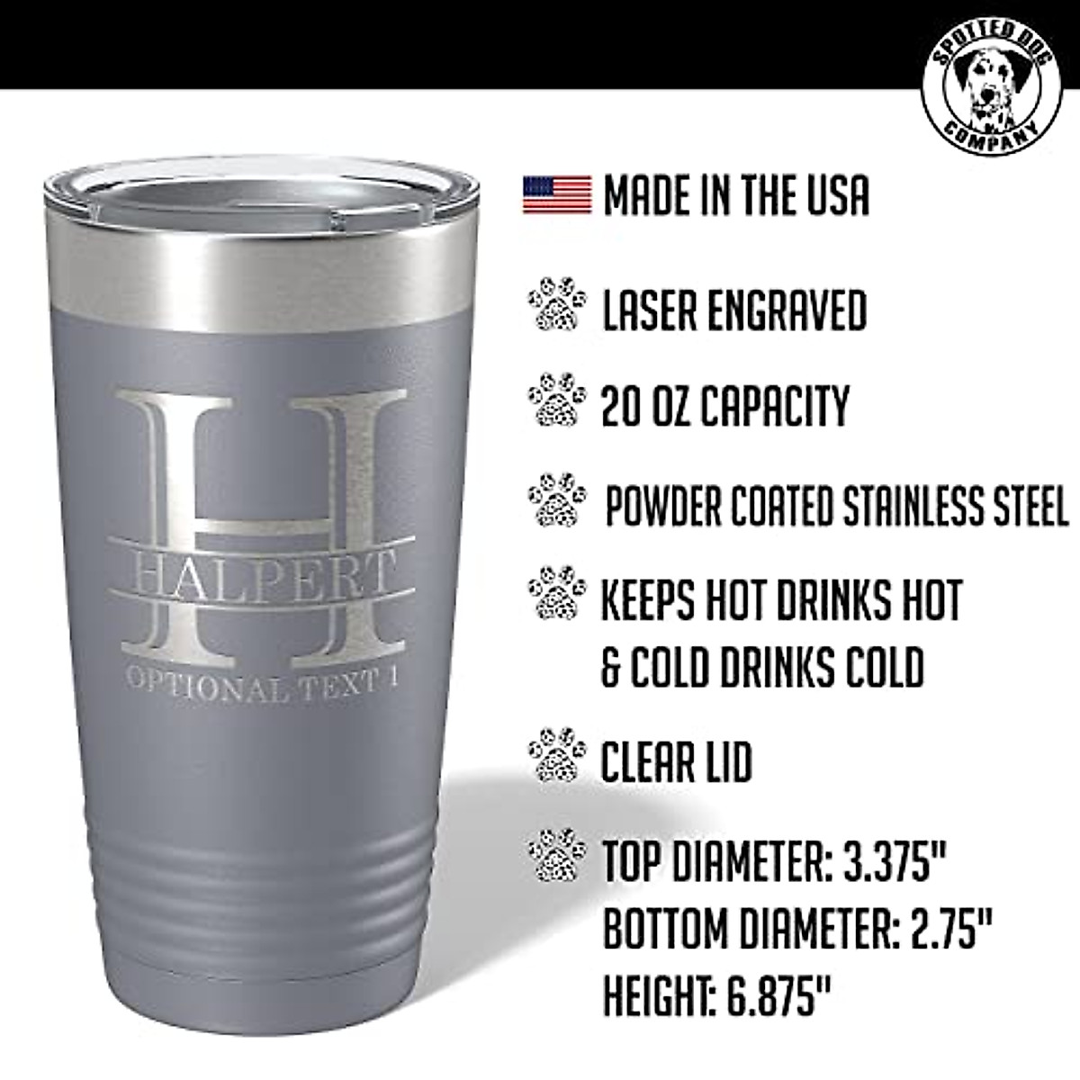 Personalized 20oz (17 Colors) Powder Coated Insulated Stainless Steel Tumbler with Lid, Custom Etched, Customized Engraved Gift Idea for Women Men Her Him, Halpert Monogram Initial Name (Gray)