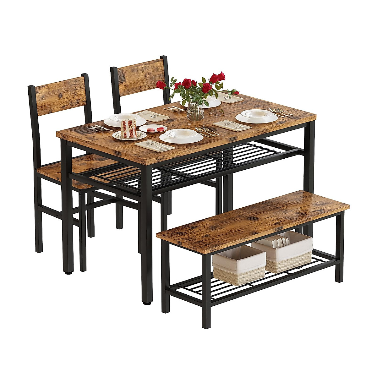 AWQM 4 Pieces Kitchen Table Set, Industrial Dining Table with 2 Chairs and Bench, Storage Racks, Space-Saving Table Set for Small Space, Apartment, Living-Room, Restaurant, Vintage Brown