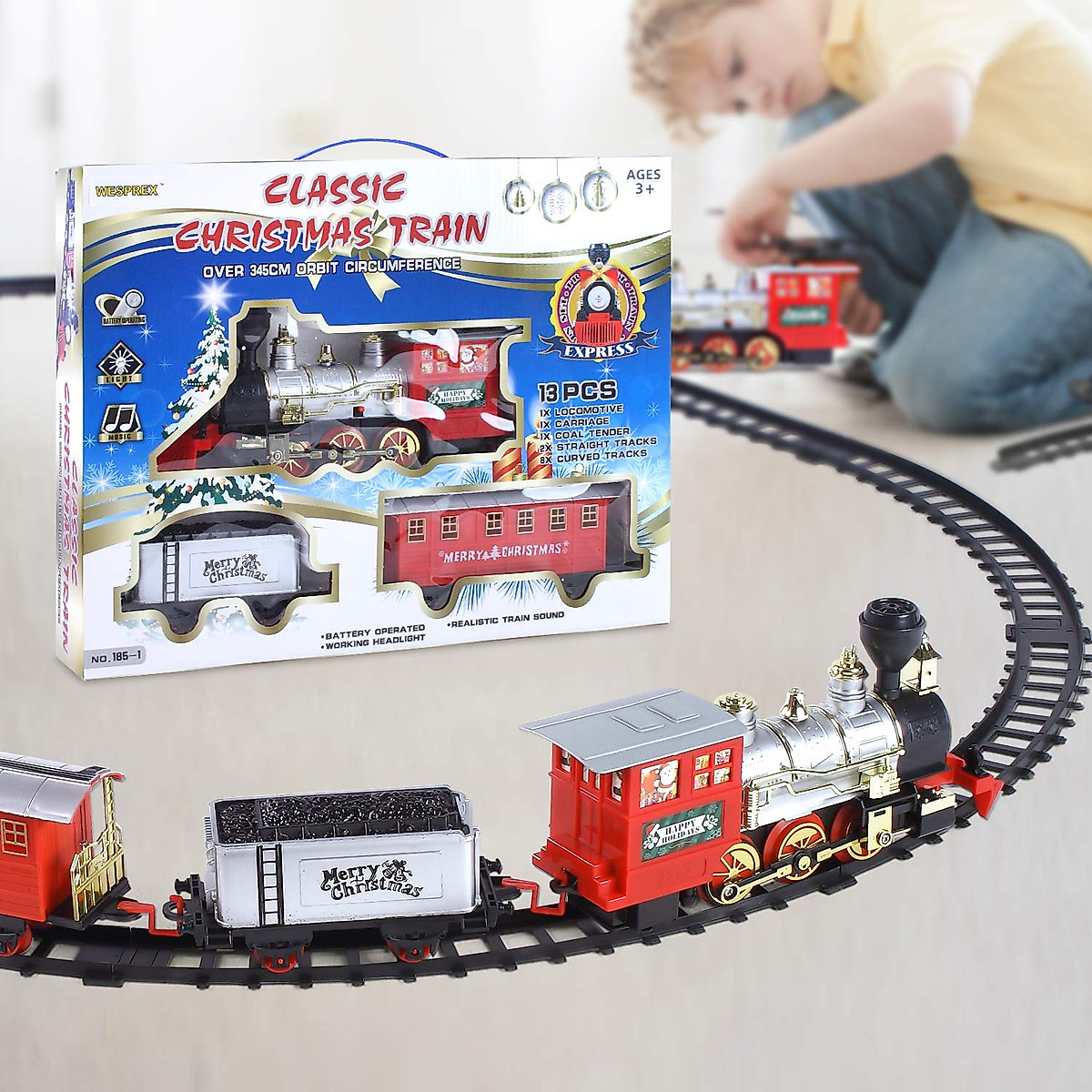 WESPREX Electric Train Set for Kids w/Headlight, Realistic Sound, Battery-Operated Classic Toy Train, 1 Locomotive, 2 Compartments, 10 Railway Tracks, Gift for Boys Girls Age 4 5 6 7 - Christmas