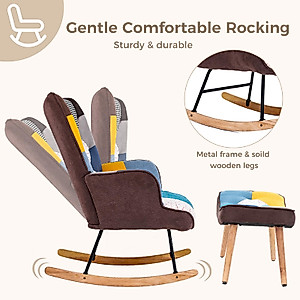 Unovivy Rocking Chair with Ottoman, Upholstered Nursery Armchair with Foot Rest, Nursing Glider Rocker with Backrest & Wooden Base, Small Gliding Seat for Bedroom, Living Room, Balcony